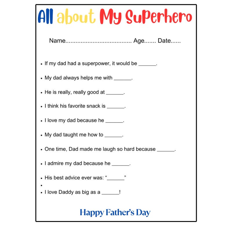 Father's Day Questionnaire "all About My Superhero" Instant PDF. Fill ...