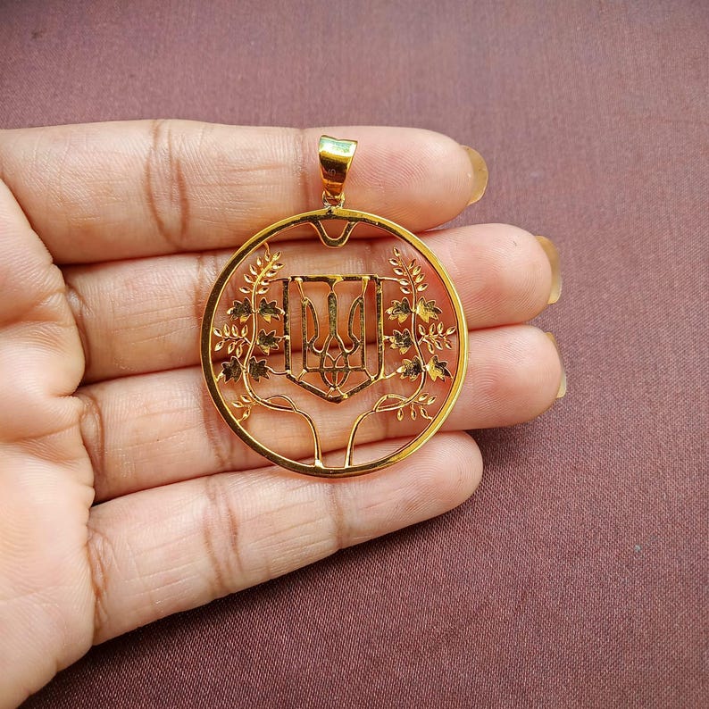 14K Gold Plated Ukrainian Trident Necklace, 925 Sterling Silver Charm ...