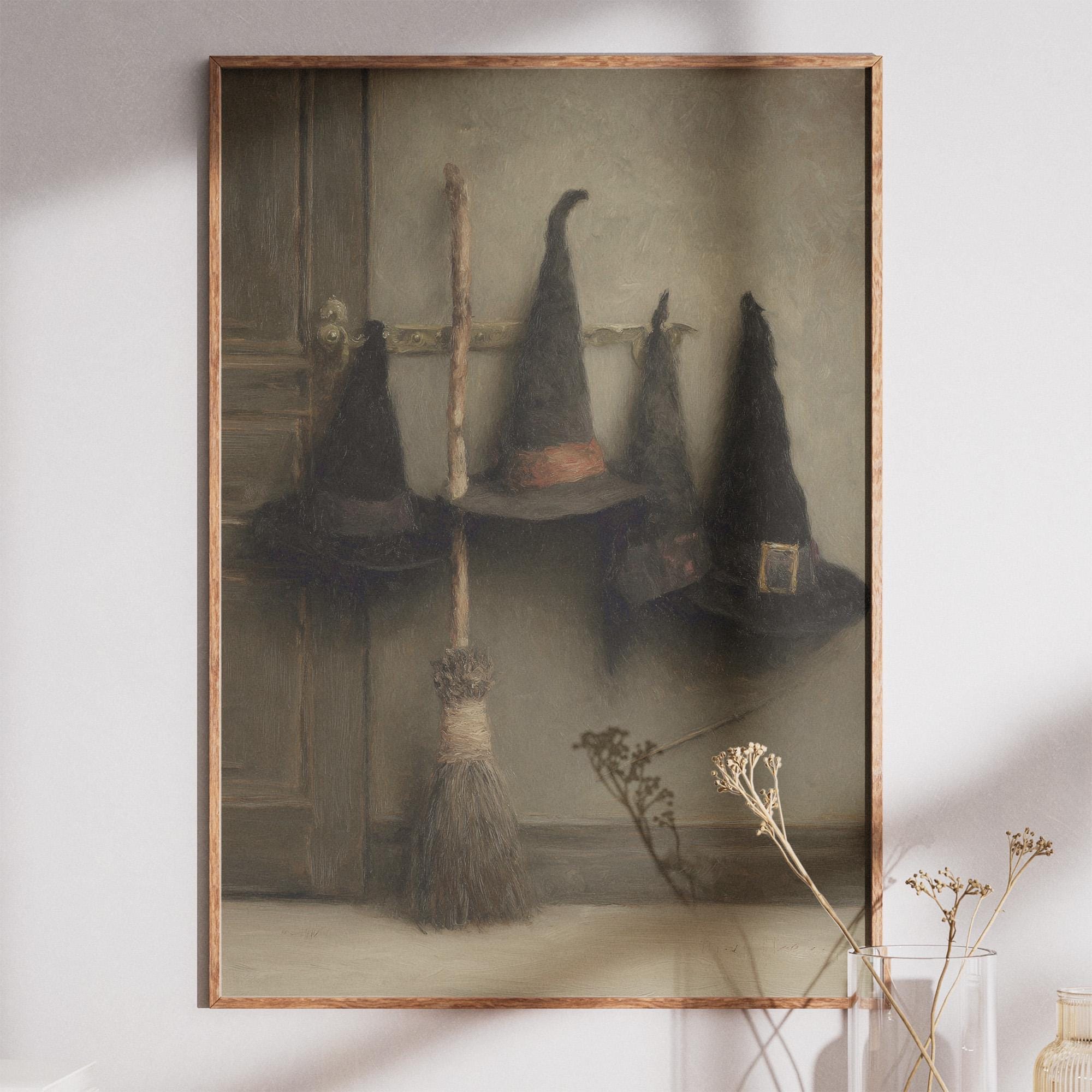Vintage Witch Hats Art Print, Rustic Halloween Broom Decor (digital ...