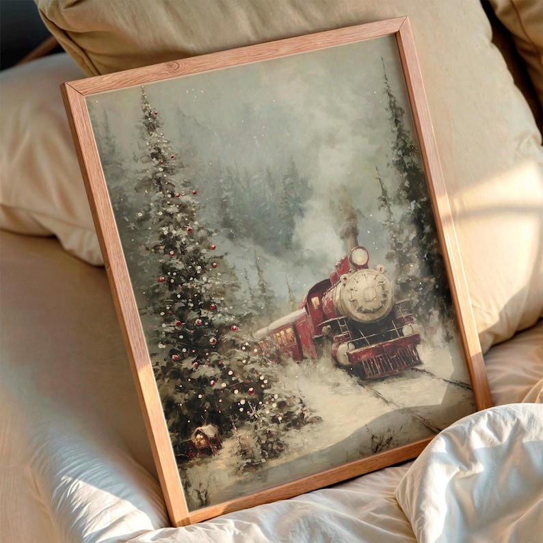 Vintage Christmas Train Art Print, Rustic Winter Holiday (digital ...