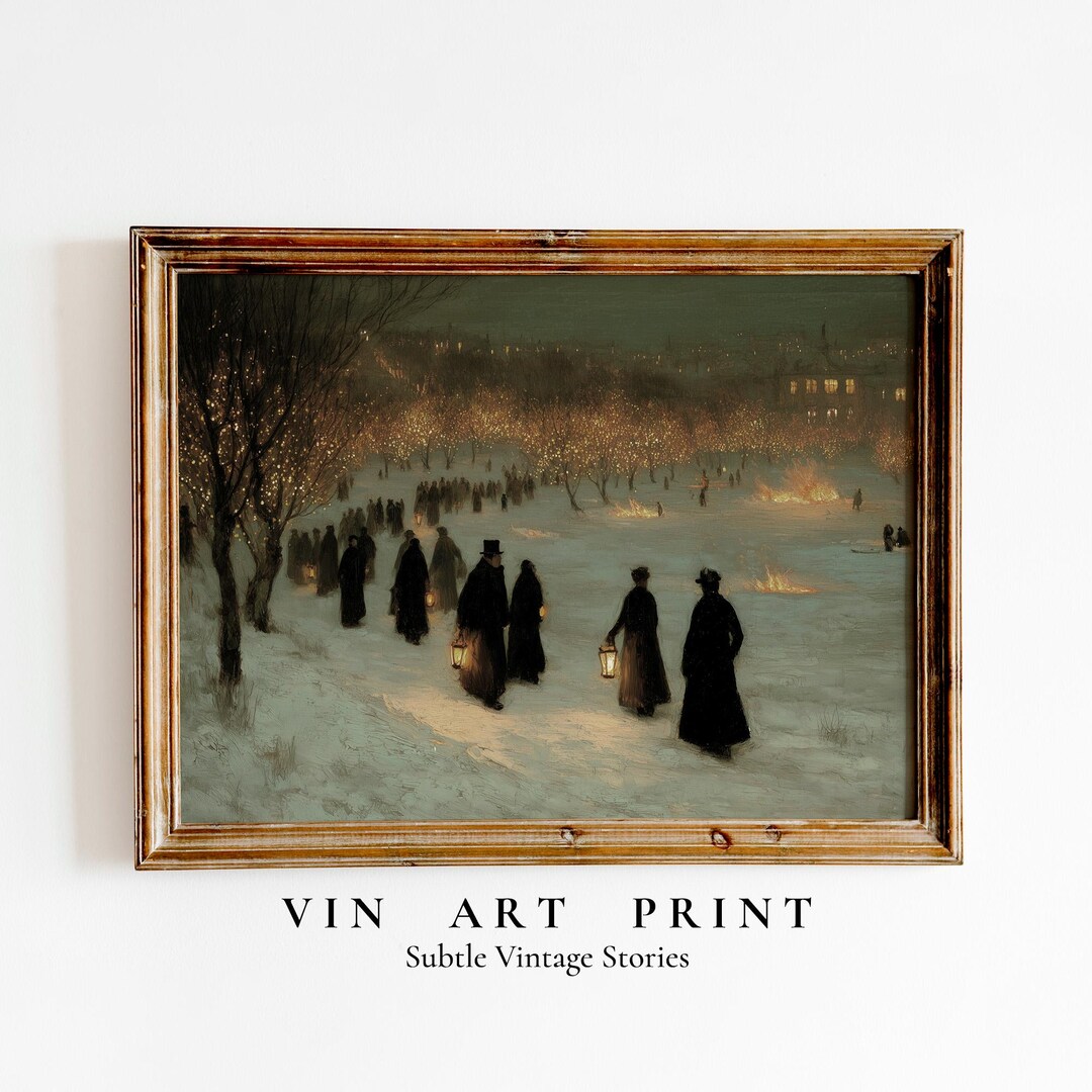 Victorian Christmas Snow Print | Vintage Holiday Lantern Scene (digital ...