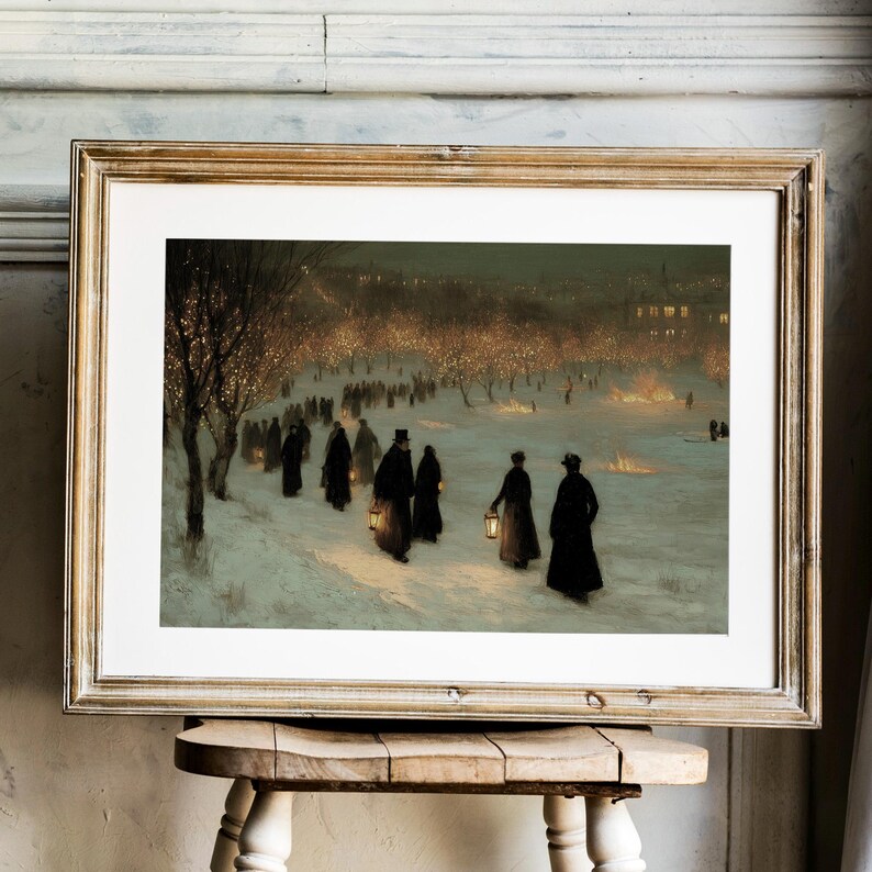 Victorian Christmas Snow Print | Vintage Holiday Lantern Scene (digital ...