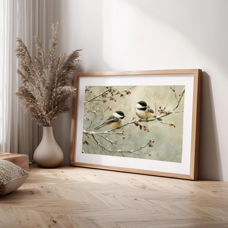 Winter Chickadee Vintage Art Print | Snowy Branch Bird (digital ...