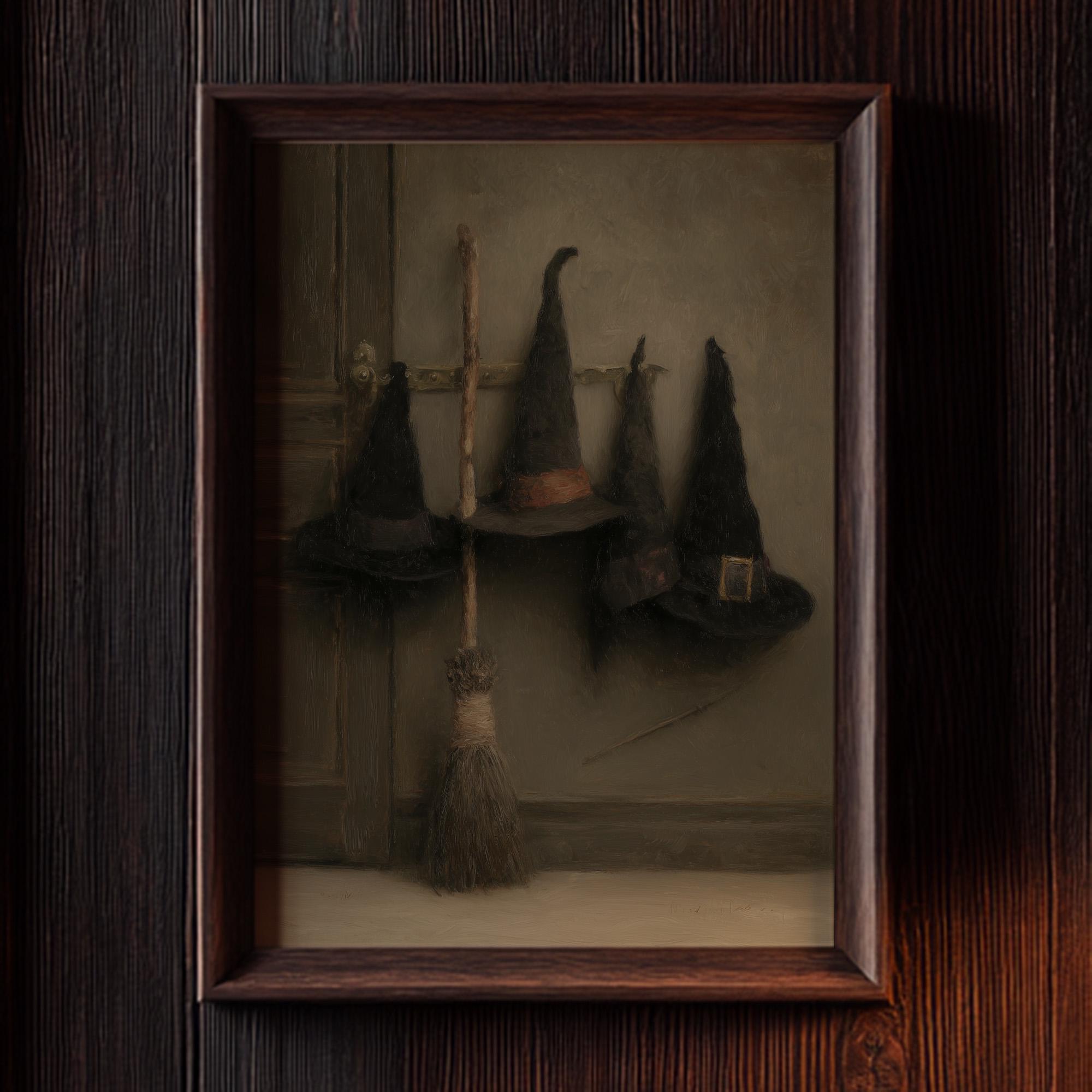 Vintage Witch Hats Art Print, Rustic Halloween Broom Decor (digital ...