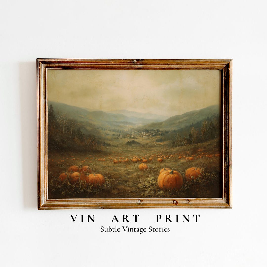 Vintage Pumpkin Patch Landscape Painting, Autumn Harvest Wall Art ...