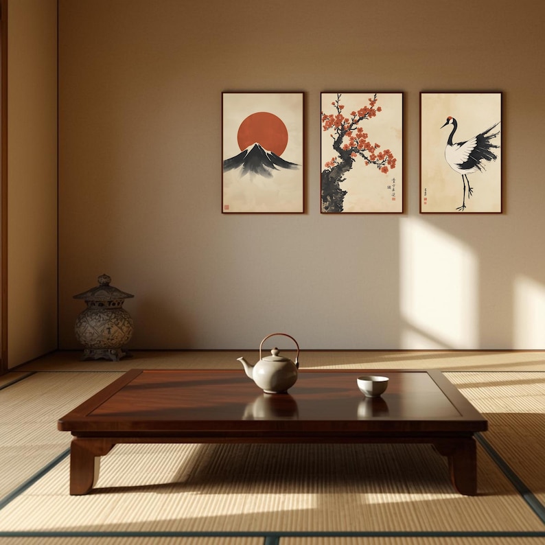 Japanese Wall Art Set of 3, Mount Fuji Red Sun Print, Cherry Blossom ...