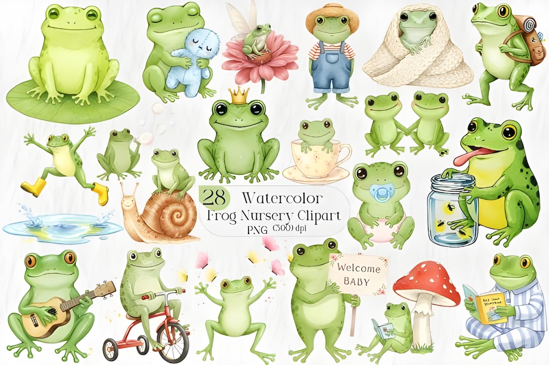 Watercolor Frog Nursery Clipart Set, Cute Frog PNG Bundle, Baby Shower ...