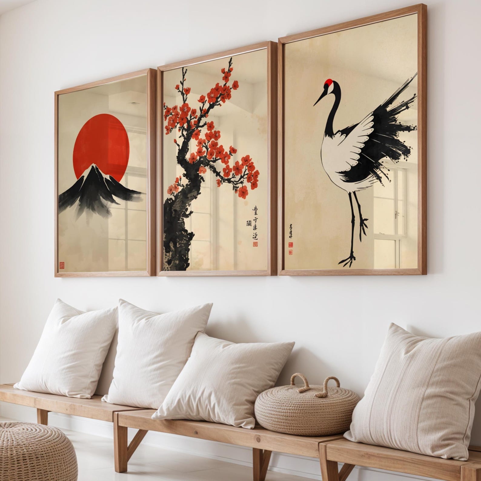 Japanese Wall Art Set of 3, Mount Fuji Red Sun Print, Cherry Blossom ...