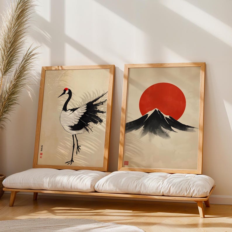 Japanese Wall Art Set of 3, Mount Fuji Red Sun Print, Cherry Blossom ...