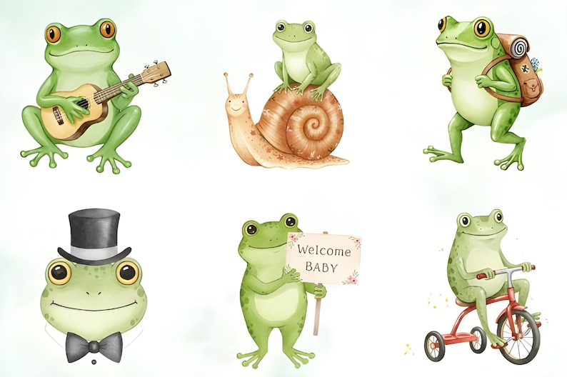 Watercolor Frog Nursery Clipart Set, Cute Frog PNG Bundle, Baby Shower ...