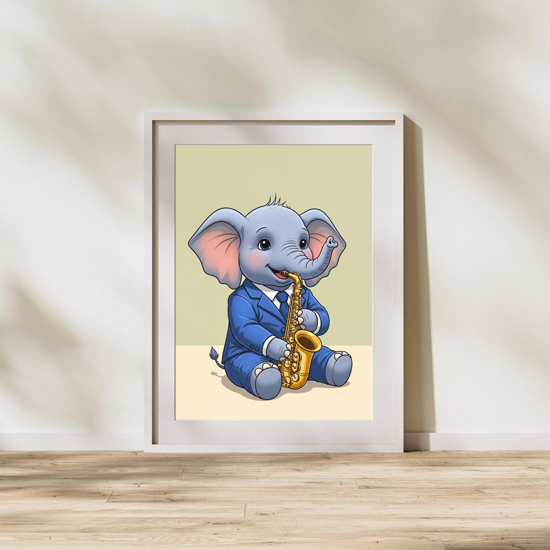 Baby Elephant Saxophone Print: Blue Suit Jazz Animal (digital Download ...