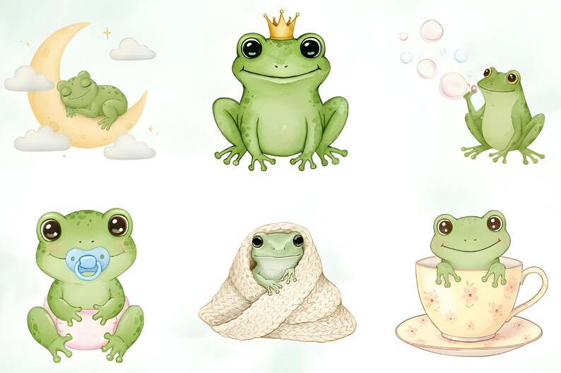 Watercolor Frog Nursery Clipart Set, Cute Frog PNG Bundle, Baby Shower ...