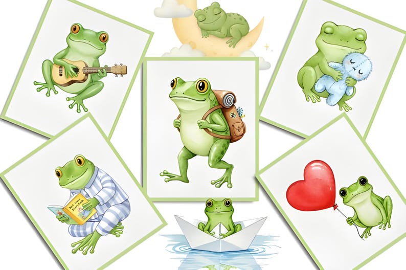 Watercolor Frog Nursery Clipart Set, Cute Frog PNG Bundle, Baby Shower ...