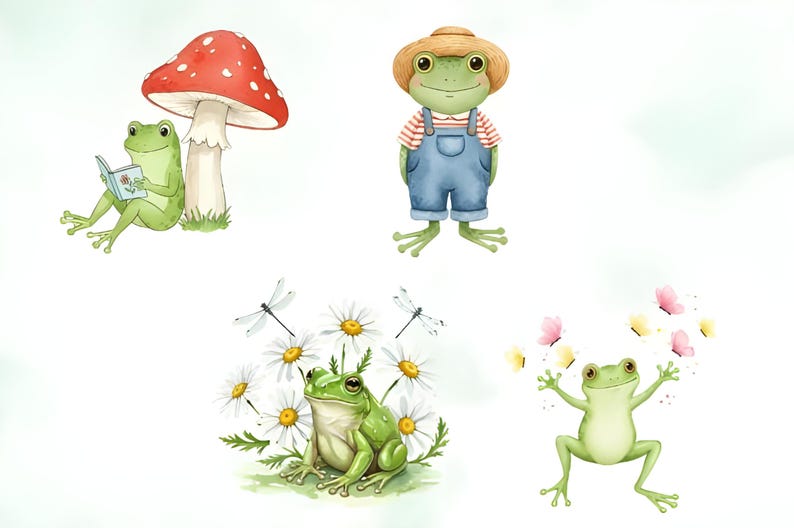 Watercolor Frog Nursery Clipart Set, Cute Frog PNG Bundle, Baby Shower ...