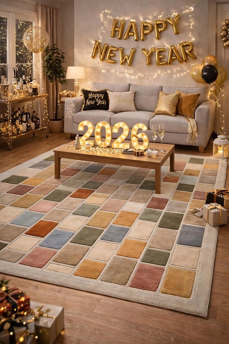 Handmade Pastel Patchwork Wool Rug – Modern Geometric Multicolor Area ...
