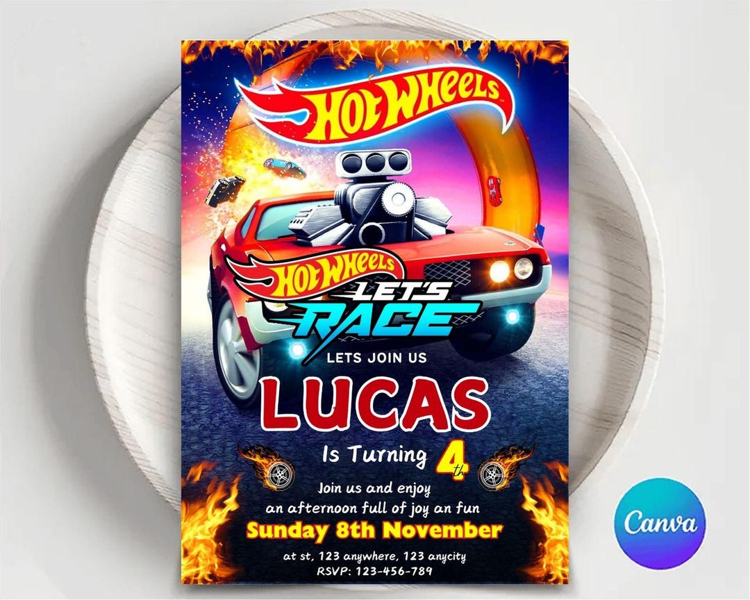 Hot Wheels Birthday Invitation: Editable Canva Hot Wheel Race Car Kids ...