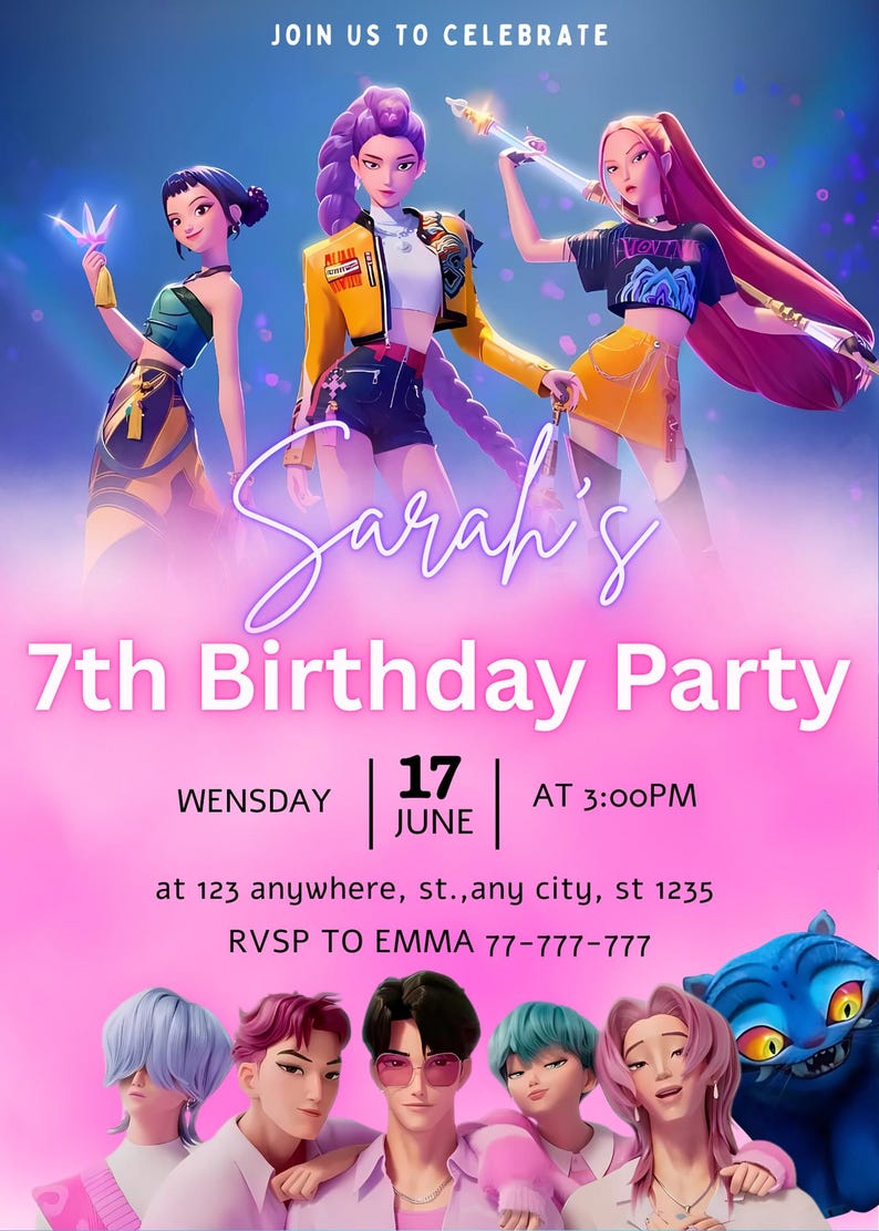 Editable Kpop Demon Hunters Birthday Invitation, K-pop Party Invite ...