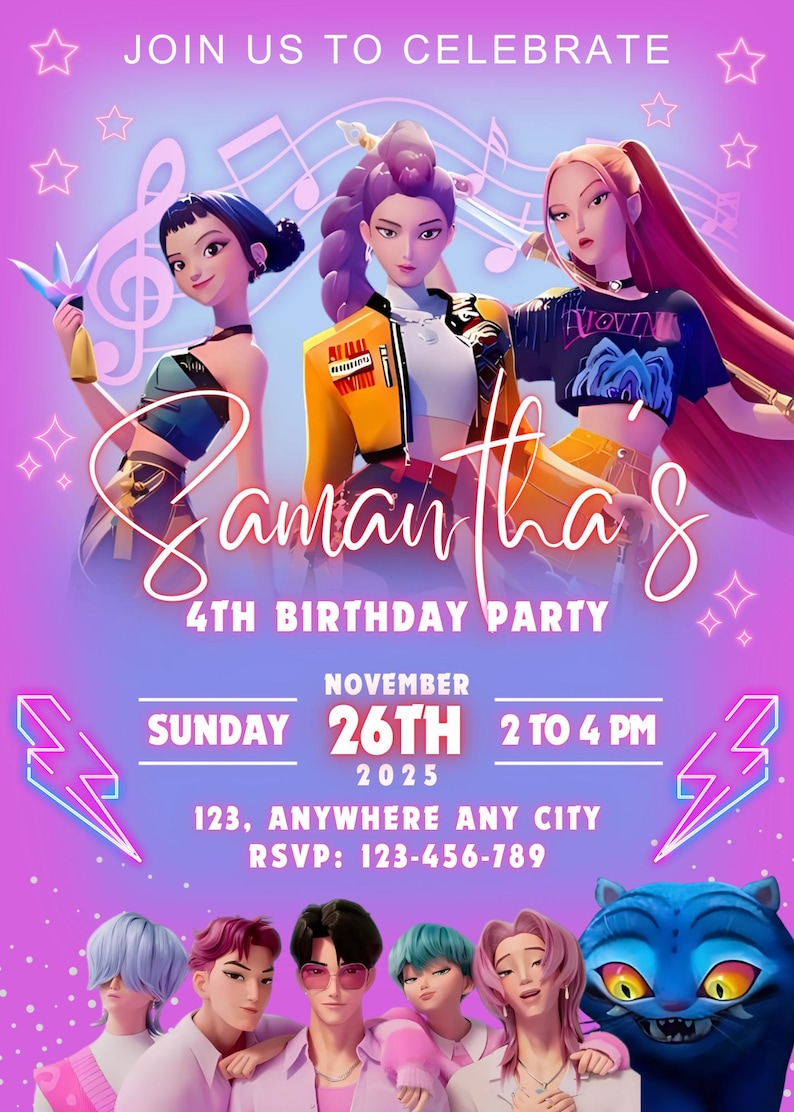 Editable Kpop Demon Hunters Birthday Invitation, K-pop Party Invite ...