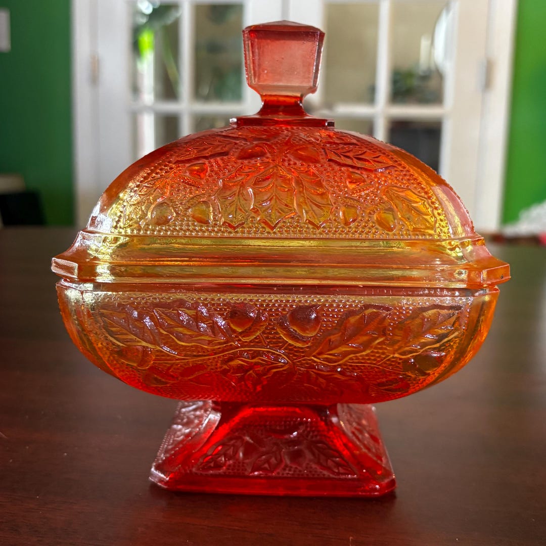 Jeannette Glass Amberina Lidded Pedestal Dish – Oak Leaf & Acorn ...