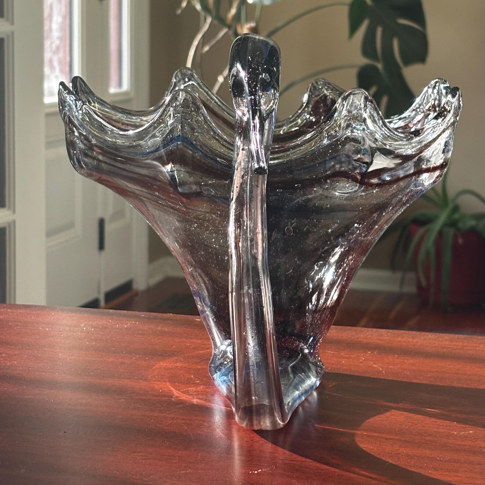 Vintage Hand-blown Glass Swan Bowl: Blue Purple Swirl Art Glass ...