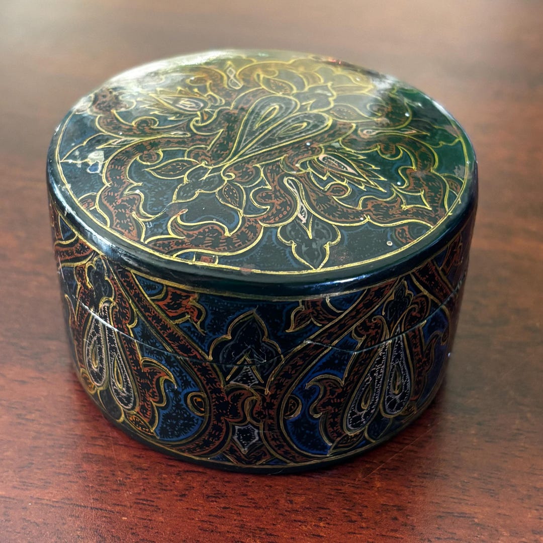 Handmade Kashmiri Paper Mache Trinket Box | 3x1.75" | Notched Lid | Gold Floral Design - Etsy