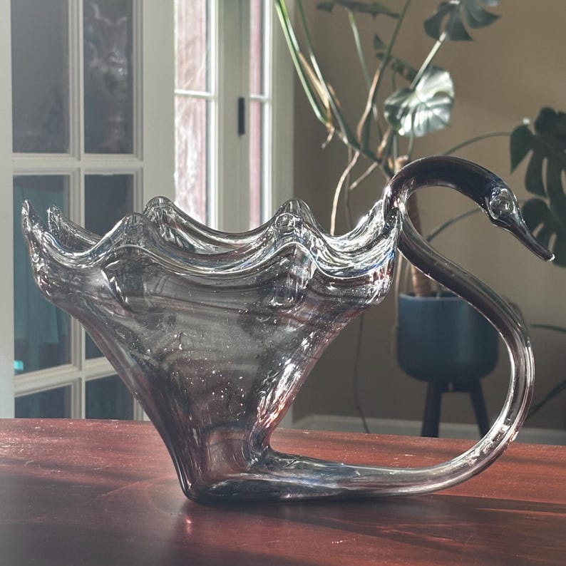 Vintage Hand-blown Glass Swan Bowl: Blue Purple Swirl Art Glass ...