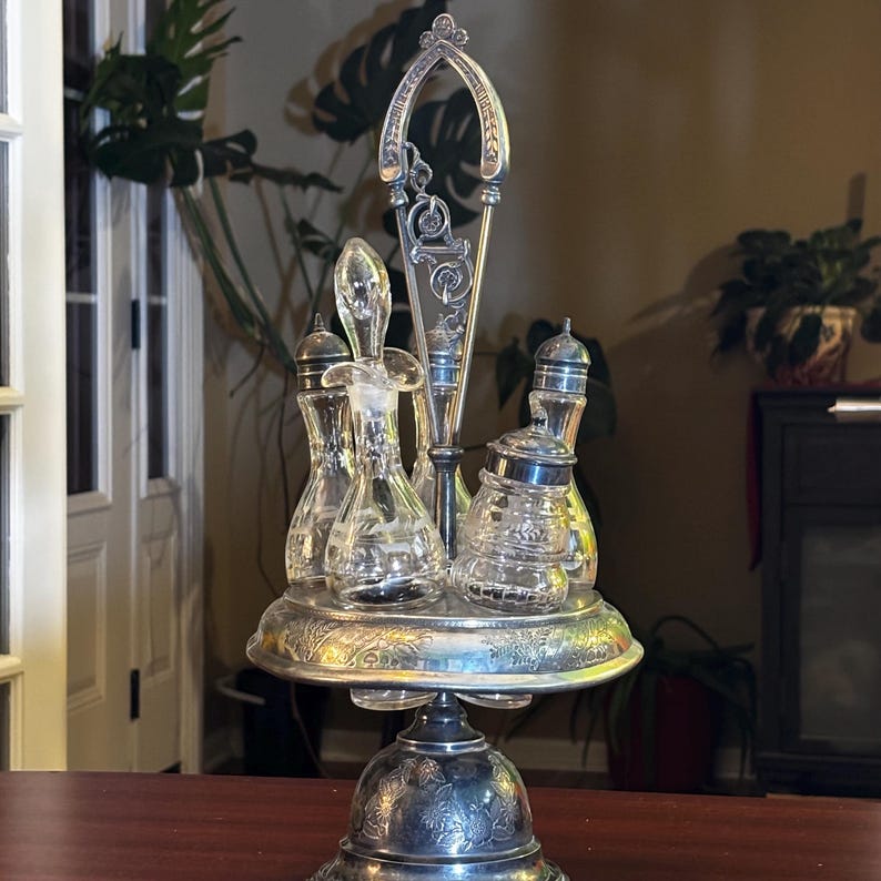 Victorian Style Silver Plate Cruet Set - Rotating Caddy With Glass ...