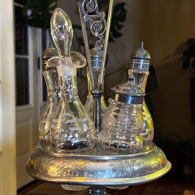 Victorian Style Silver Plate Cruet Set - Rotating Caddy With Glass ...