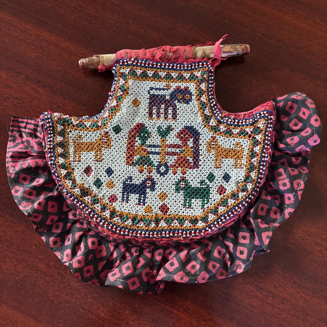 Kutch Folk Art Beaded Fan: Red & Black Pine Needle Mat, Wooden Handle ...