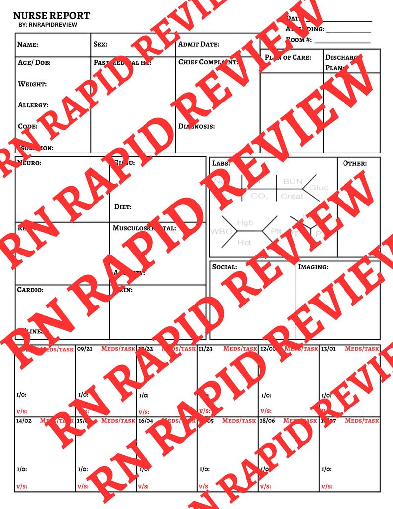Nurse Report Sheet With Hourly Rounding: Printable RN Handoff Notes ...