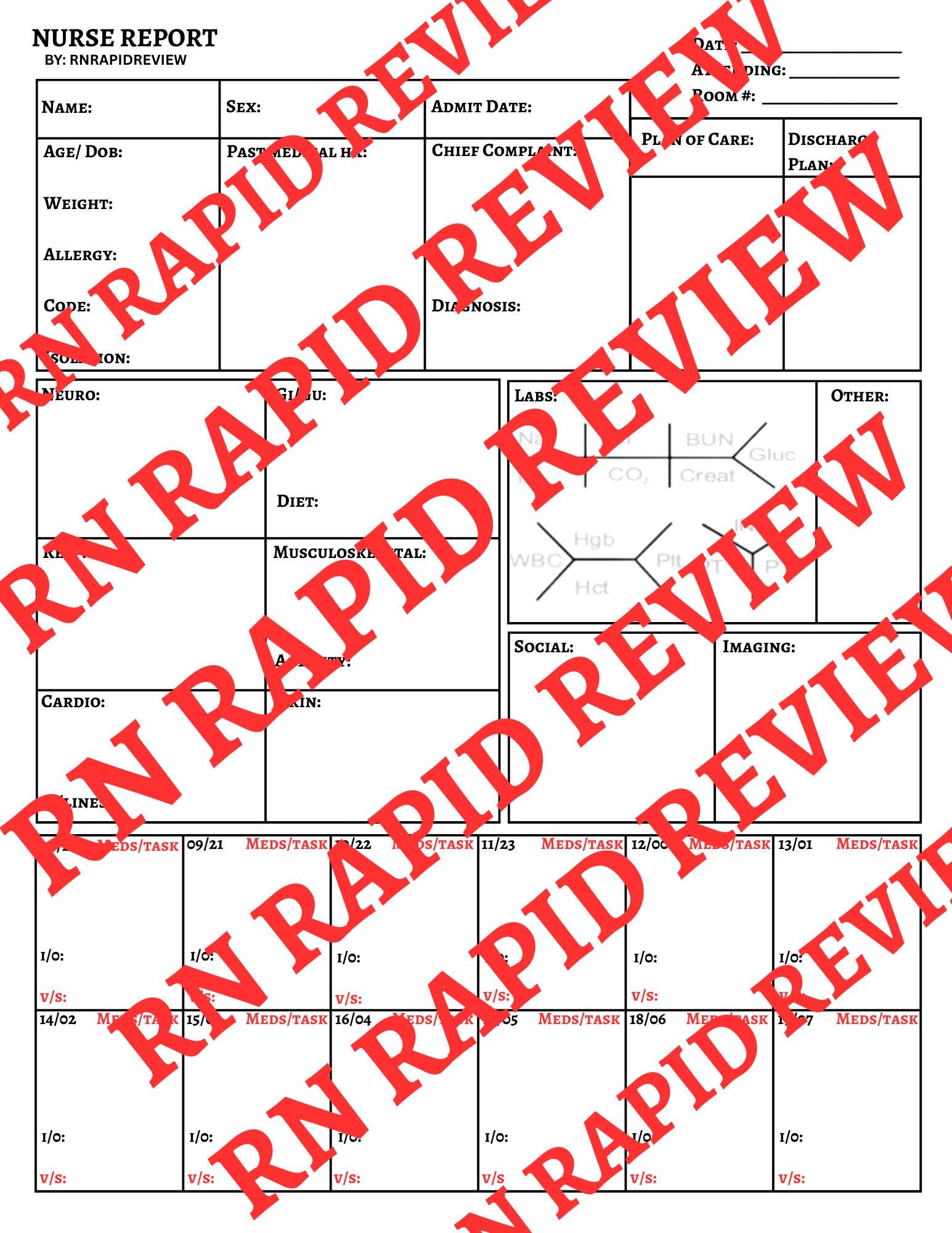 Nurse Report Sheet With Hourly Rounding: Printable RN Handoff Notes ...