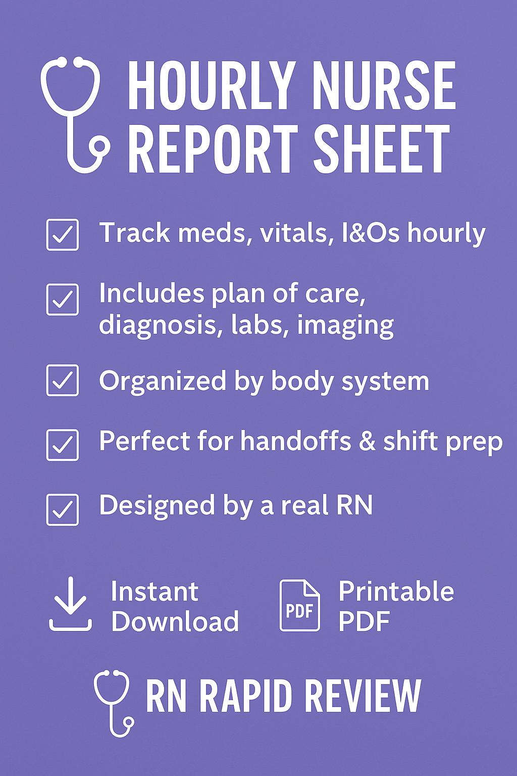 Nurse Report Sheet With Hourly Rounding: Printable RN Handoff Notes ...