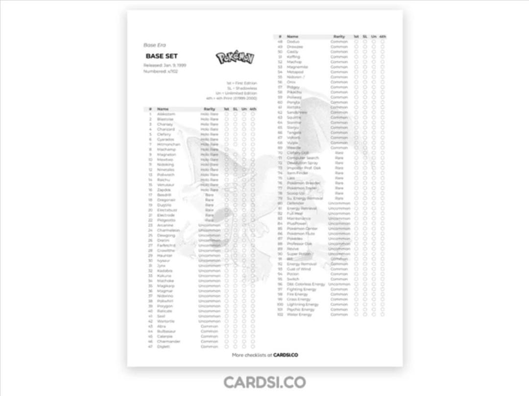 Pokémon TCG Base Set Printable Checklist - Etsy