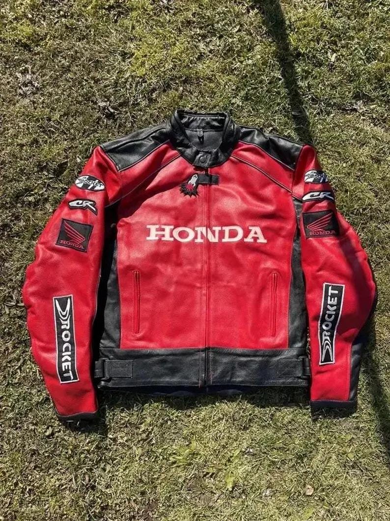 Honda Racing Leather Motorcycle Jacket: Red & Black Armored Biker Gear ...