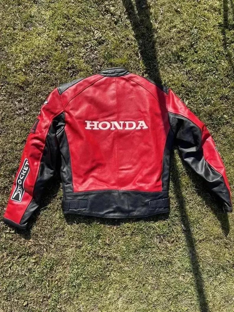 Honda Racing Leather Motorcycle Jacket: Red & Black Armored Biker Gear ...