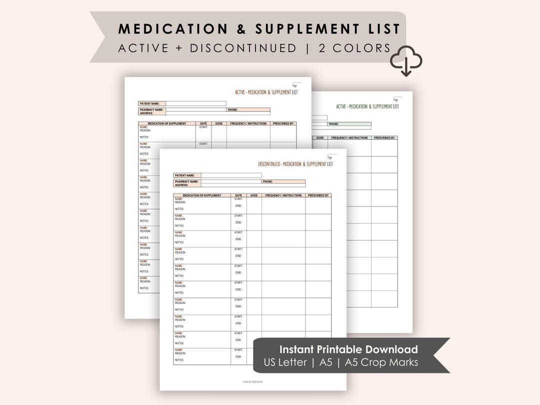 Detailed Medication List Printable | Supplements Log | Prescription ...