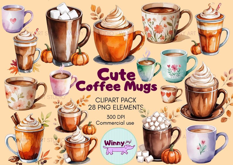 Cute Coffee Mugs Clipart Pack, Clipart for Commercial Use, Transparent ...