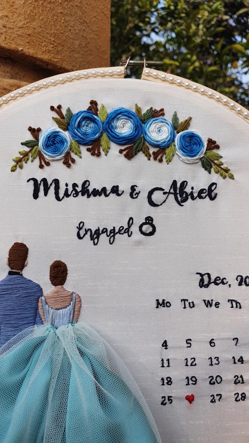 Custom Engagement Date Hoop – 3D Couple Embroidery With Calendar - Etsy