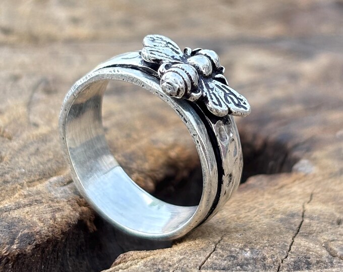 Butterfly Ring, Sterling Silver Wide Band, Brass, Gold Color - on ...