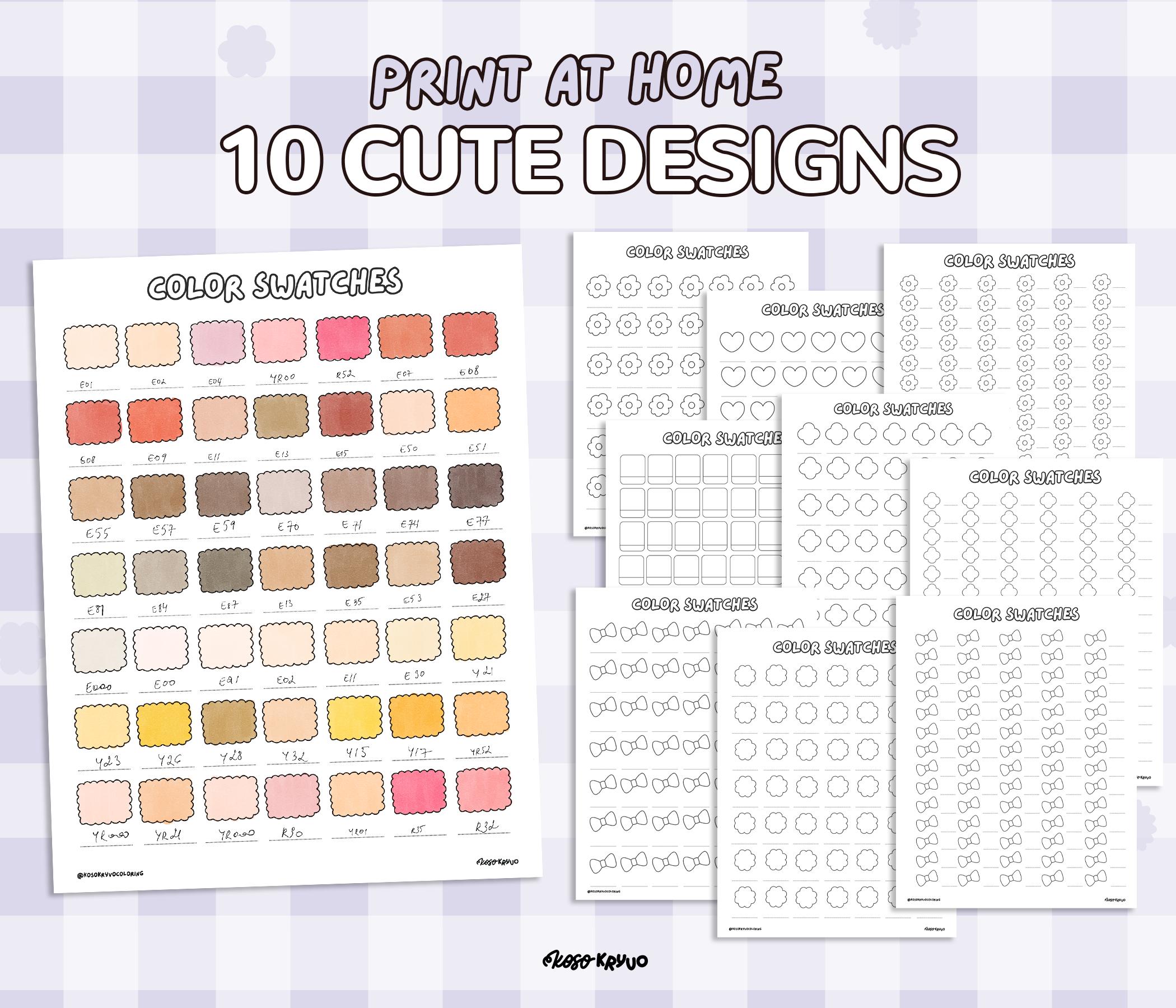 Color Swatch Charts, Printable Alcohol Marker Color Swatches, Cute and ...