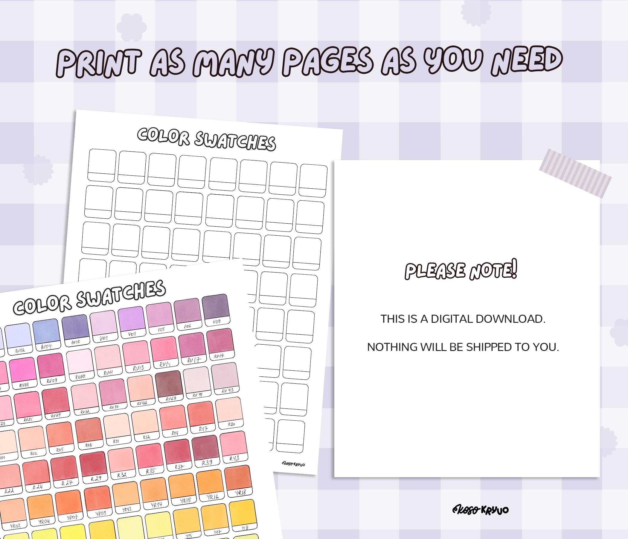 Color Swatch Charts, Printable Alcohol Marker Color Swatches, Cute and ...