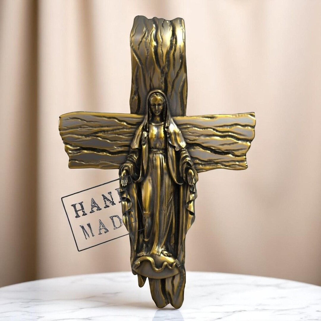 Virgin Mary Pendant on Textured Wood Cross – 18K Gold Plated Catholic ...