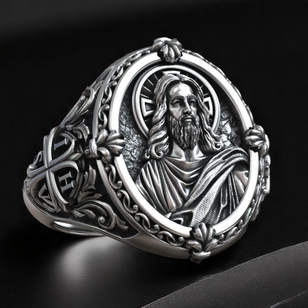Jesus Christ Signet Ring for Men – IHS Cross Catholic Halo Ring With ...