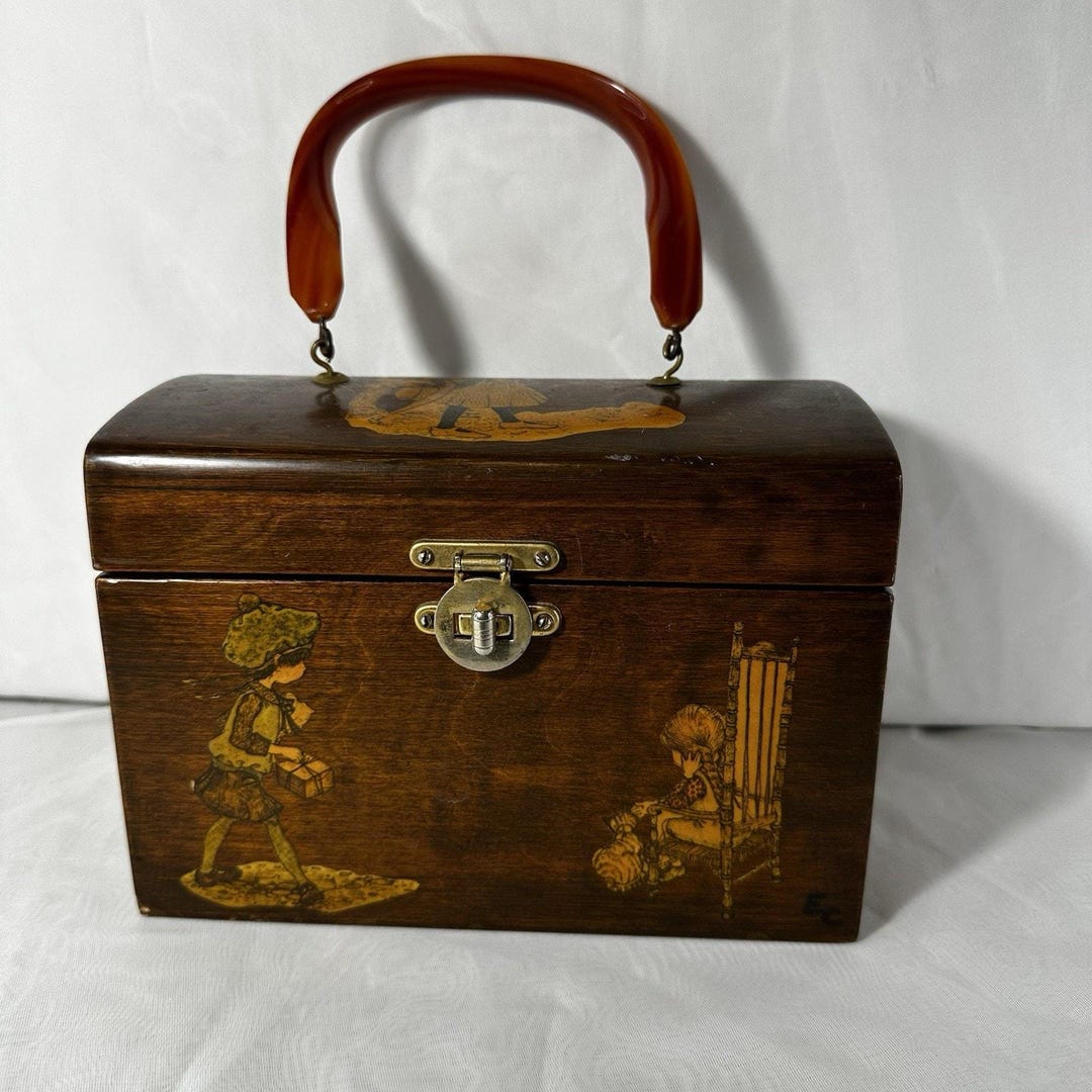 Vintage 60's Purse Wood Box Girl & Cat Handbag Brown Brass Closure ...