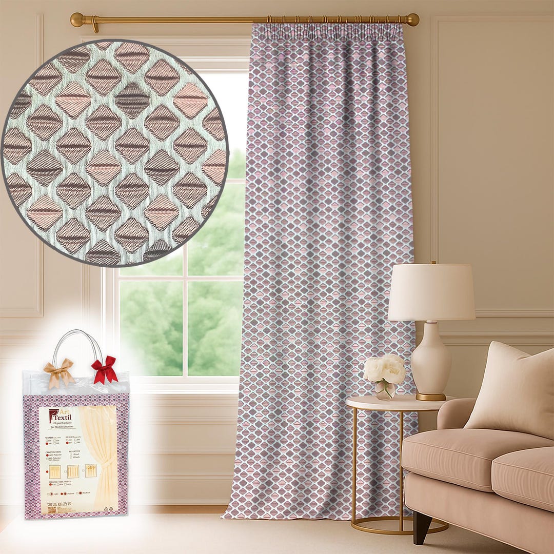 Pink Jacquard Curtain Panels, Gingham Plaid, Embroidered, Living Room ...