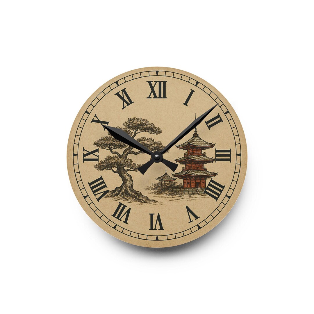 Japanese Vintage Style Acrylic Wall Clock With Bonsai and Pagoda Design ...