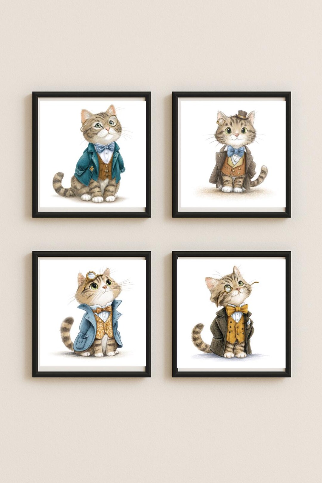 Whimsical Cartoon Cat Print Set: Formal Attire With Monocle (digital ...