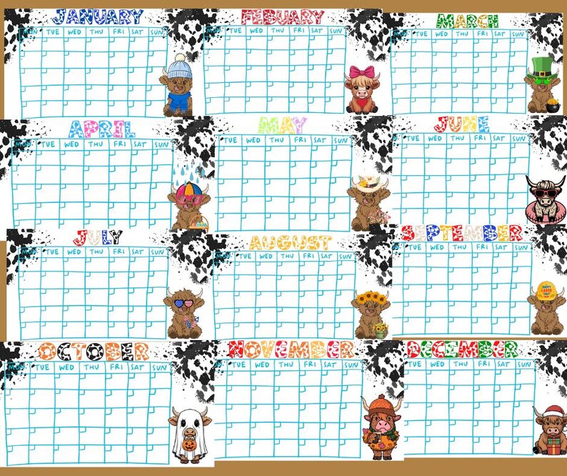 Fun Highland Cow Calendar Printable | Undated Monthly Planner (digital ...