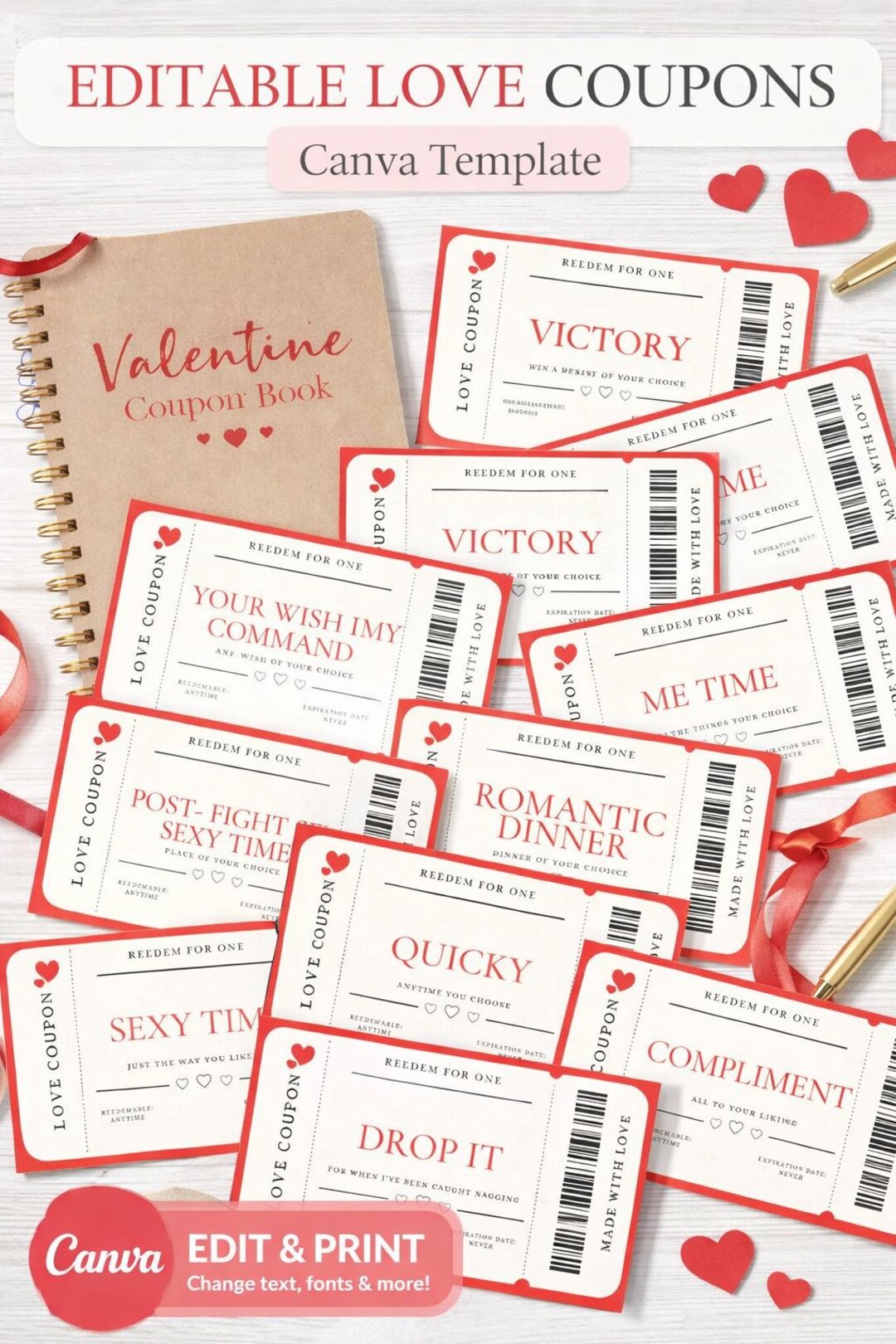 Editable Love Coupons | Valentine's Day Gift, Canva Template (digital ...