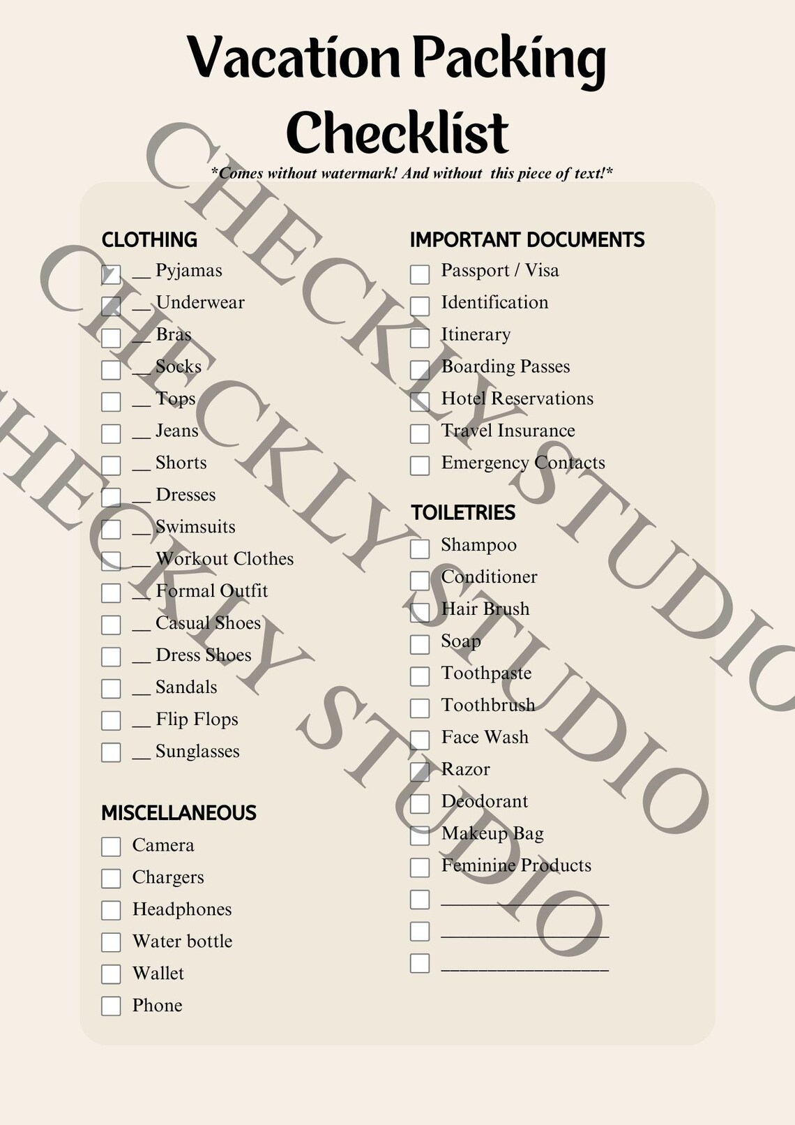 Vacation Packing List Printable | Travel Checklist PDF for Women ...